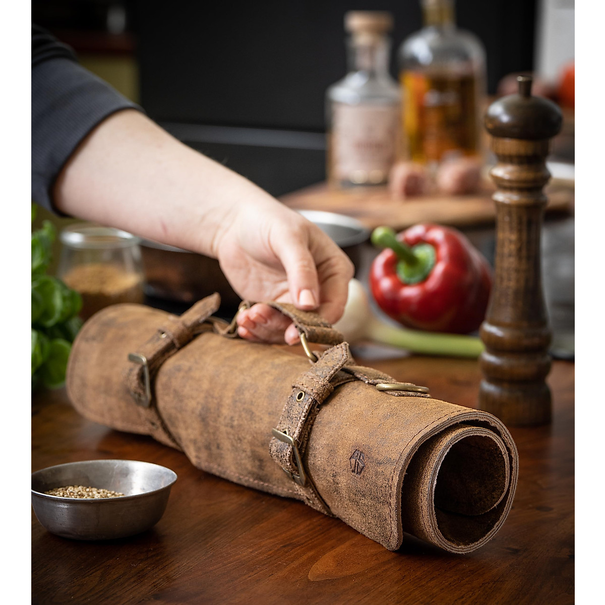 Knife Roll Bag Genuine Leather – knife case for Chefs 7 slots – Leather Knife with handle and strap Frank (Brown-Antique)