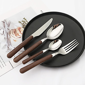 Silverware Set with Holder - Uniturcky Hanging Flatware Set with Stand - 24PCS Cutlery Set with Faux Wooden Handle - Stainless Steel Utensils Set for Home Restaurant Party (Silver, Service for 6)