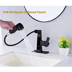 Qeemee LED Bathroom Faucet with Pull Out Sprayer, Matte Black Temperature Digital Display Sink Faucet 5 Water Flow Modes with 360° Swivel Spout Single Handle Lift Brass Faucet