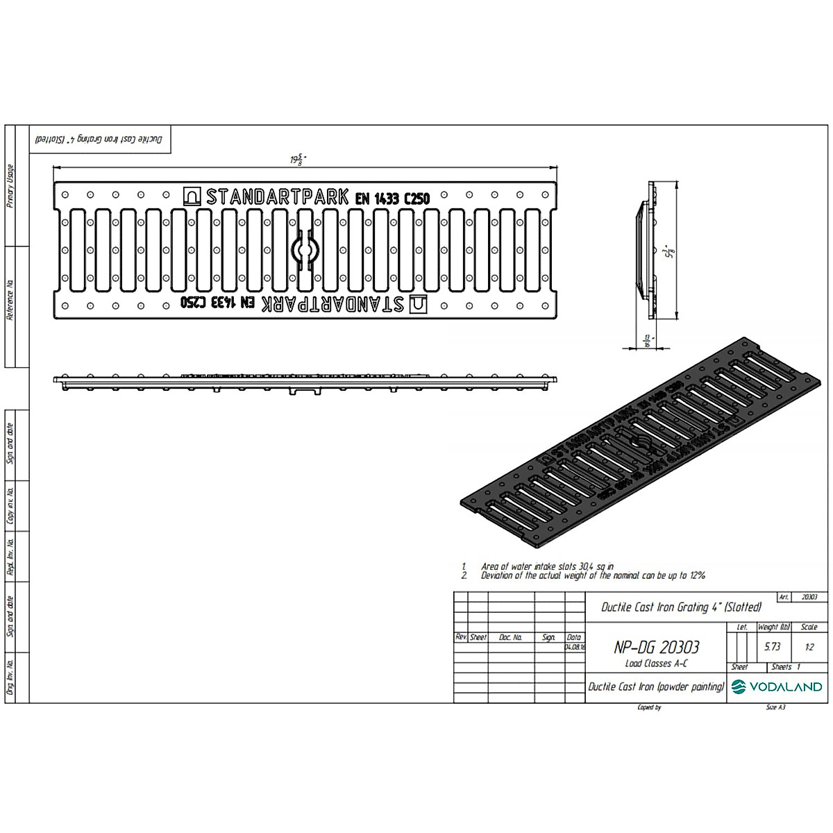 Vodaland - 4 inch Trench Drain cast Iron Package Slotted - 4.8" Depth - PC8020