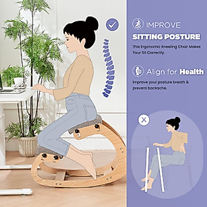 MoomJiee Ergonomic Kneeling Chair,Adjustable Rocking Knee Chair for Home Office,Wooden Office Chair for Back Pain Relief,Grey