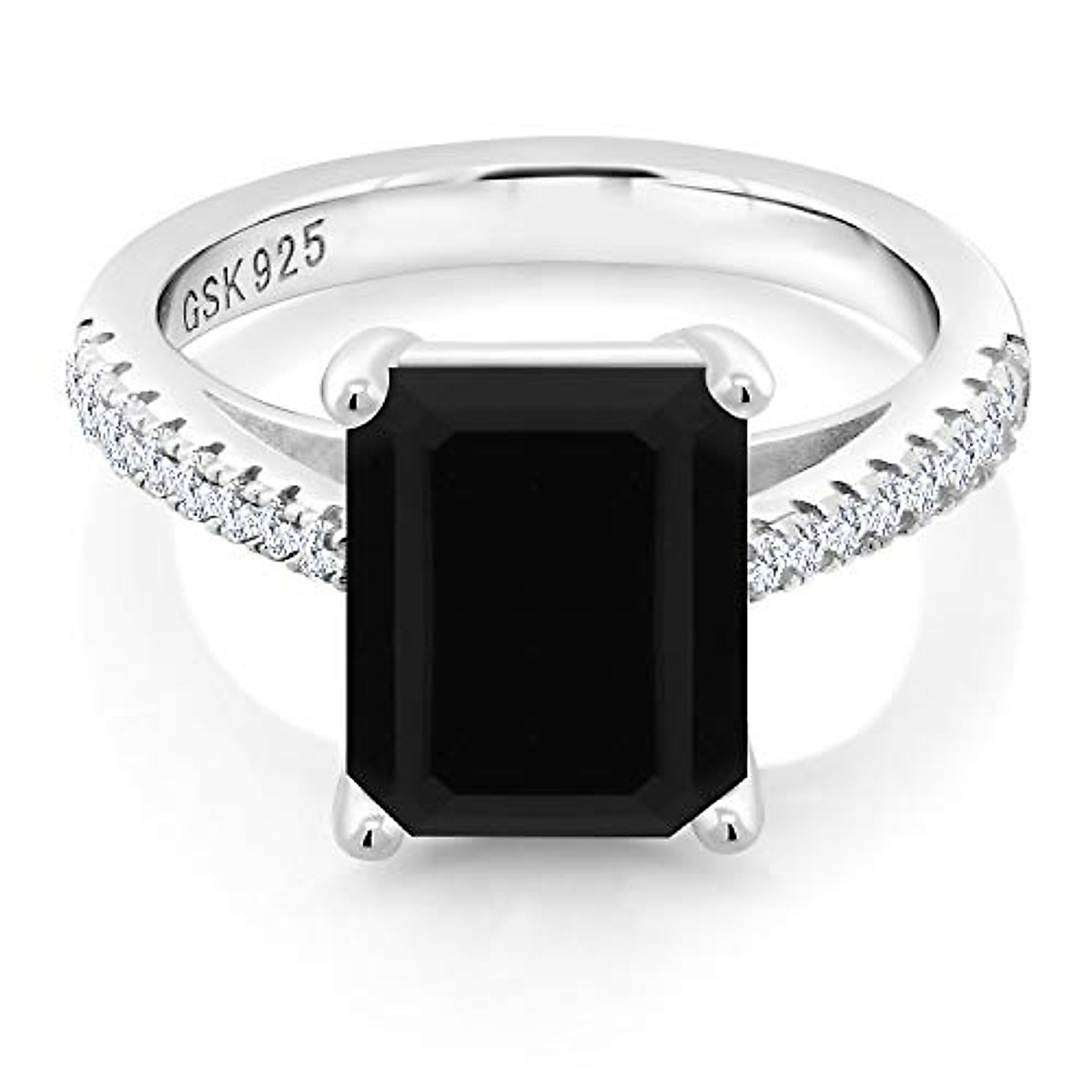 Gem Stone King 925 Sterling Silver Black Onyx and White Created Sapphire Women's Wedding Engagement Ring (3.39 Cttw, Gemstone Birthstone, 10X8MM Emerald Cut, Available In Size 5, 6, 7, 8, 9)