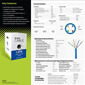 trueCABLE Cat6 Plenum (CMP), 1000ft, Blue, 23AWG 4 Pair Solid Bare Copper, 550MHz, PoE++ (4PPoE), ETL Listed, Unshielded Twisted Pair (UTP), Bulk Ethernet Cable