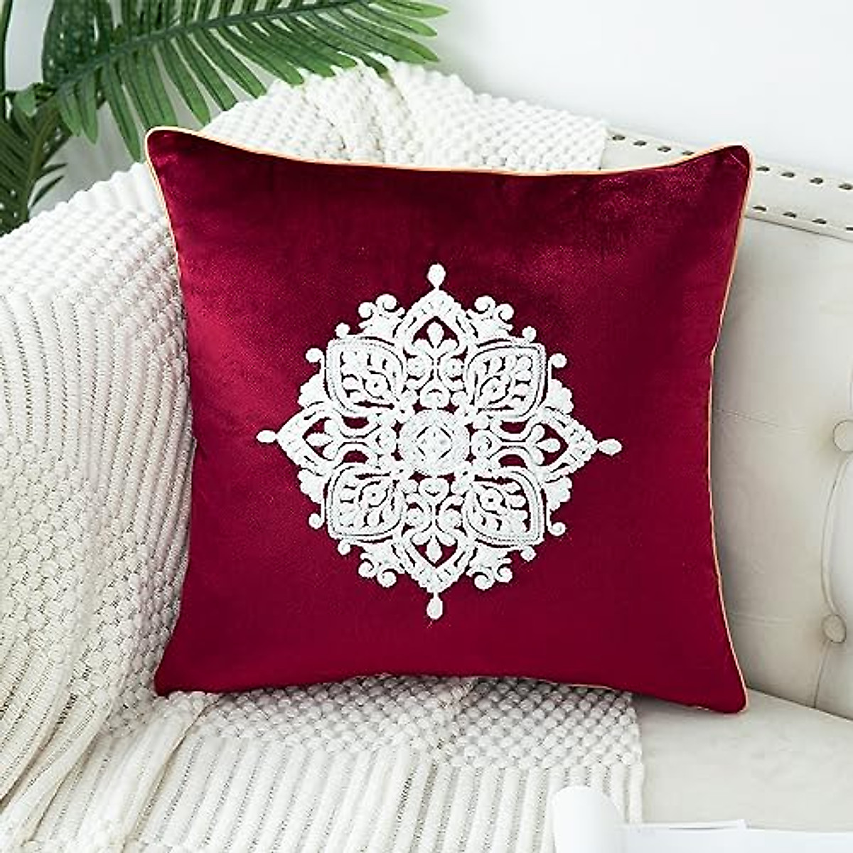 VOGOL Burgundy Thermal Curtains, Floral Noise Reducing Bedroom Curtains 84 Inch Length Soft Velvet Room Darkening Grommet Drapes, 2 Panels Bundle with Matching Throw Pillow Cover (18x18 in)