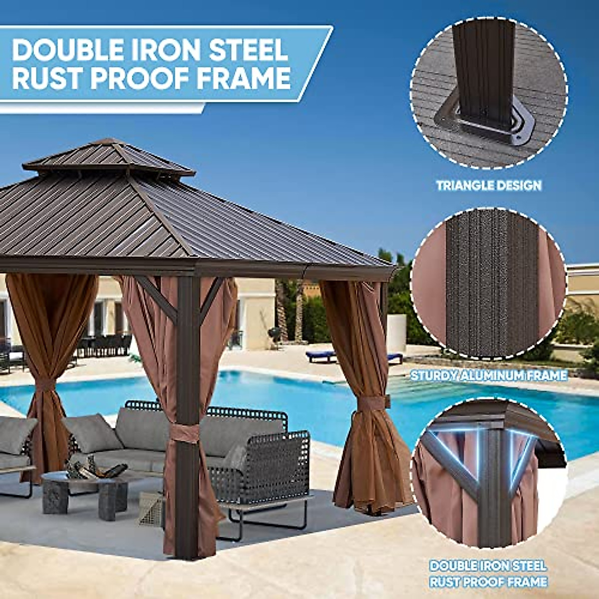 EMKK 12x12FT Hardtop Gazebo, Patic Gazebo Wooden Coated Hardtop Frame Canopy with Galvanized Steel Double Roof, Outdoor Permanent Metal Pavilion with Curtains and Netting for Deck,Garden, Backyard