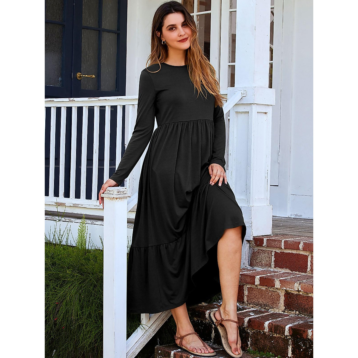 LILLUSORY Womens Long Sleeve Crewneck Ruffle Swing Midi Dress 2023 Fall Casual Loose Tiered Maxi Dresses with Pockets Black