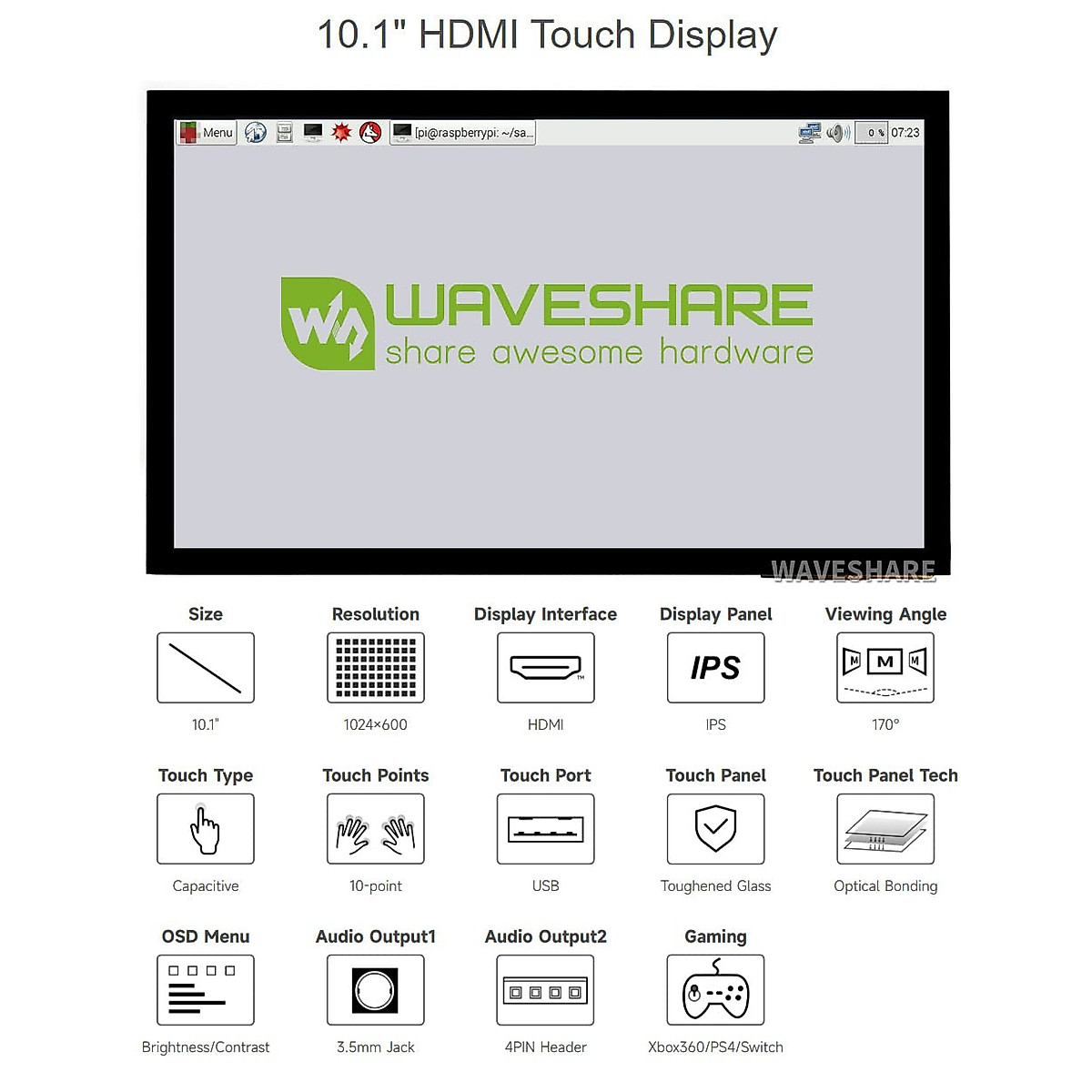 waveshare 10.1inch Capacitive Touch Screen LCD Compatible with Raspberry Pi 5/4B/3B+/3A+/2B/B+/A+/Zero/Zero W/WH/Zero 2W CM3+/4 1024×600, HDMI IPS 10-Points Touch Supports Windows/Jetson Nano