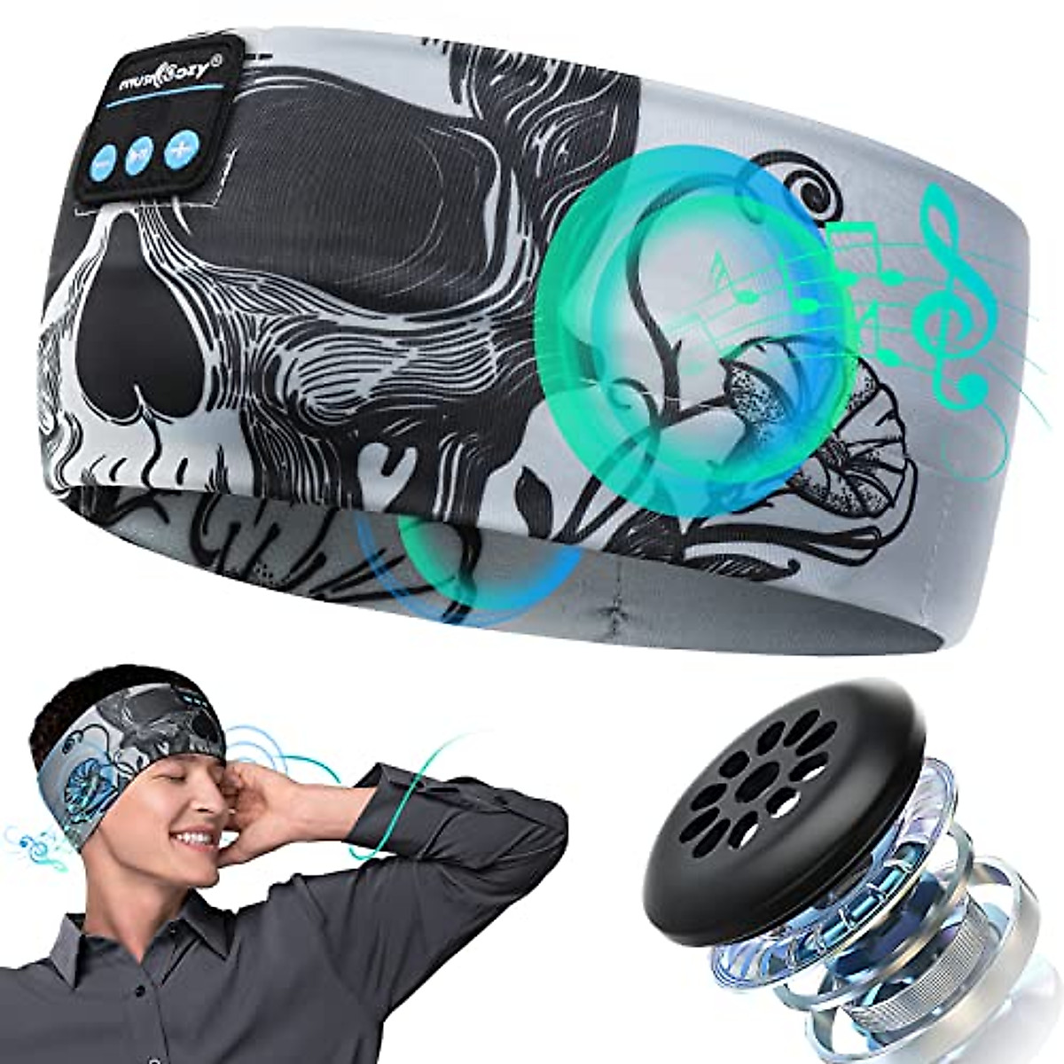 MUSICOZY Sleep Headphones Bluetooth Headband, Wireless Sleeping Headphones Music Sport Headbands, Long Time Play Sleeping Headsets Built-in Thin Speakers, Skulls Design for Sleeping Yogo