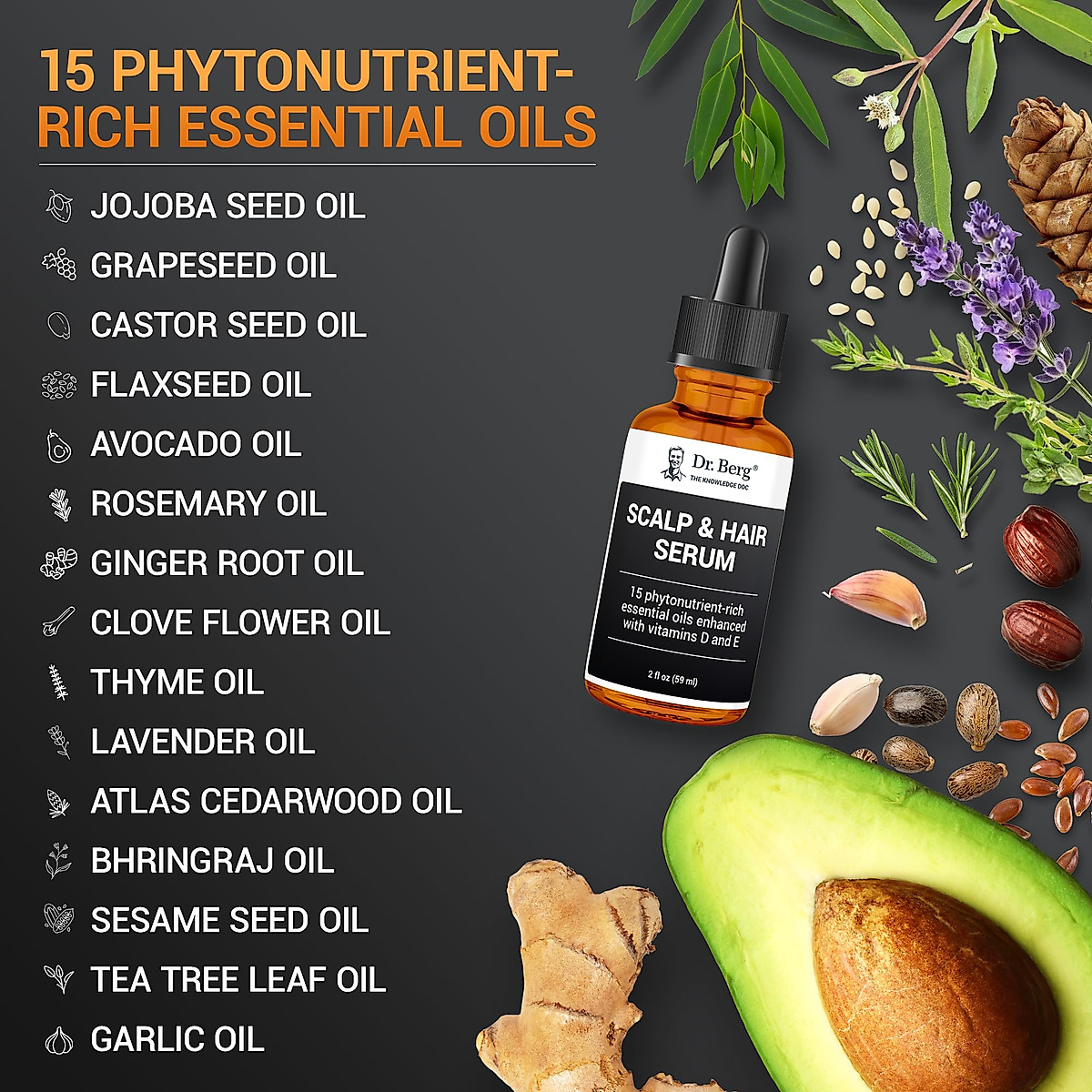 Dr. Berg (All In One) Hair Serum with Jojoba Oil & Castor Oil For Fuller Thicker Looking Hair | Contains 15 Plant-Based Natural Hair Oils | Enhancement with Vitamin E & D | 2 fl oz