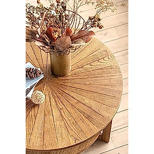 DS-HOMEPORT Round Wood Coffee Table for Living Room, 2 Tier Sturdy Circle Round Coffee Table with Large Storage, Rustic Farmhouse Round Coffee Table, 35.3''Dx17.8''H