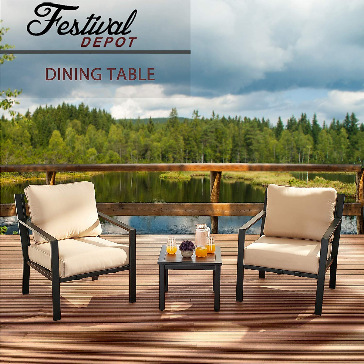 Festival Depot Patio Side Table Metal Coffee Table Table All Weather Outdoor Furniture for Bistro Porch Deck (Square)