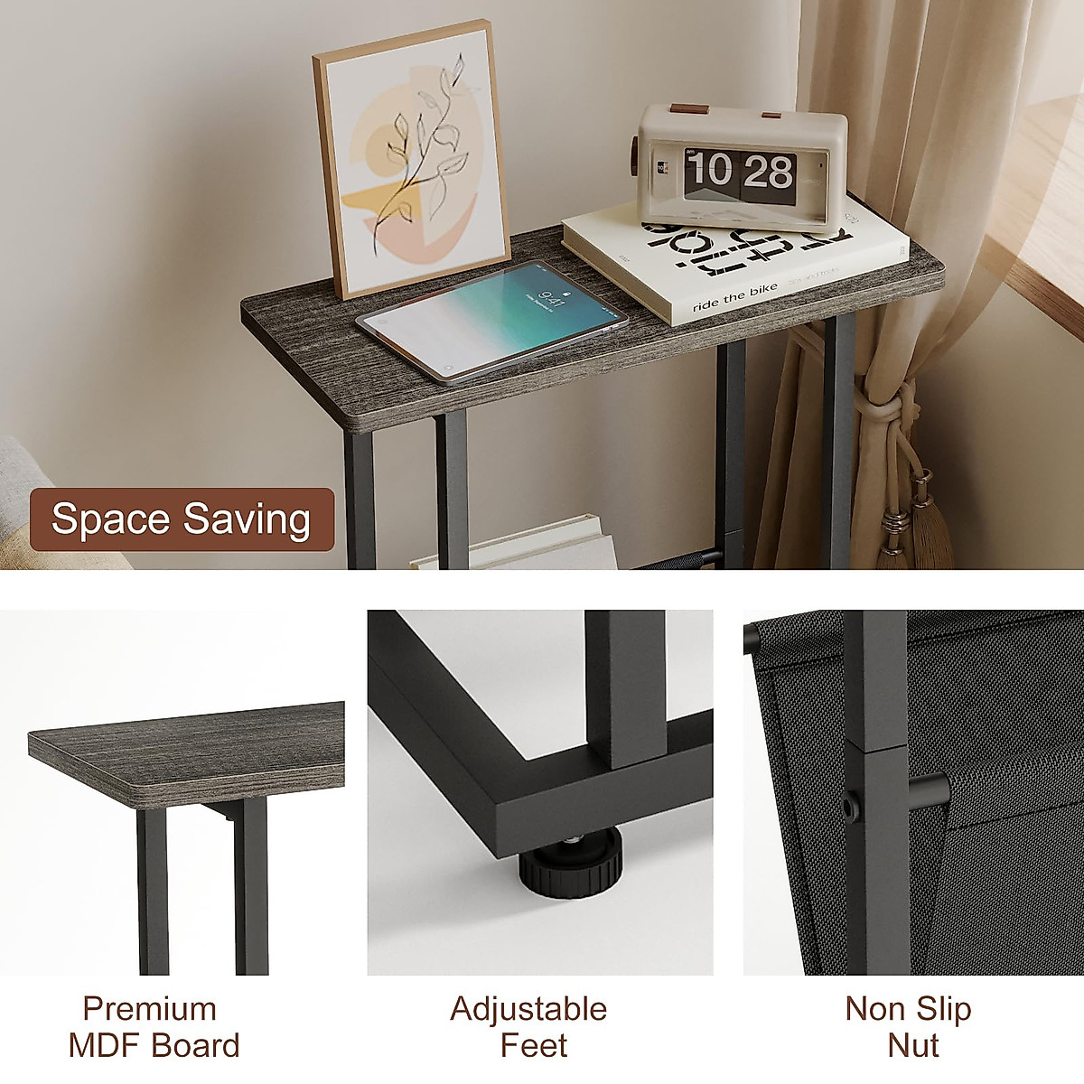 Fixwal Small Narrow Side Table, Slim Nightstand with Storage Shelf, Magazine Table for Small Spaces, End Table for Living Room, Bedroom, Hallway (Grey)