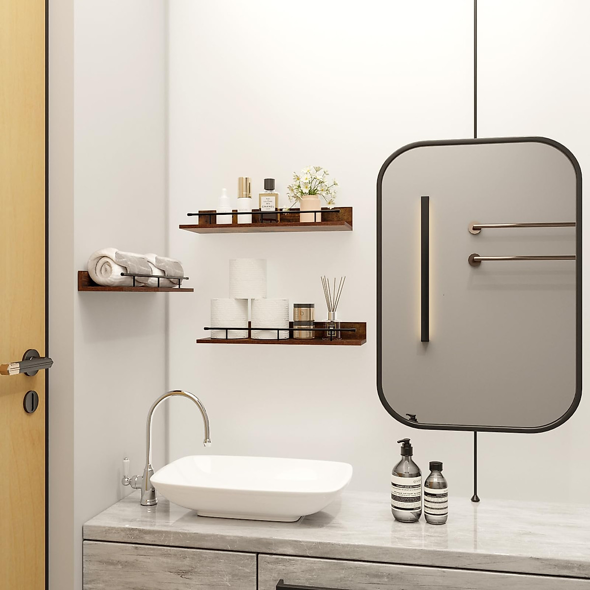 Giftgarden 16 Inch Brown Floating Shelves with Black Metal Guardrail, Wood Shelves for Wall Storage Set of 3, Wall Shelf for Bathroom Bedroom Living Room Kitchen Nursery