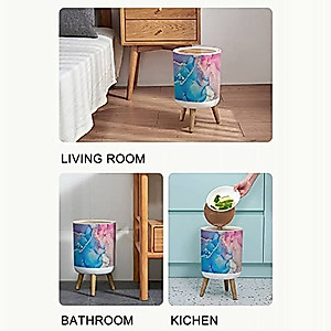 IBPNKFAZ89 Small Trash Can with Lid Ink Colors Translucent Abstract Multicolored Marble Texture Garbage Bin Wood Waste Bin Press Cover Round Wastebasket for Bathroom Bedroom Kitchen 7L/1.8 Gallon