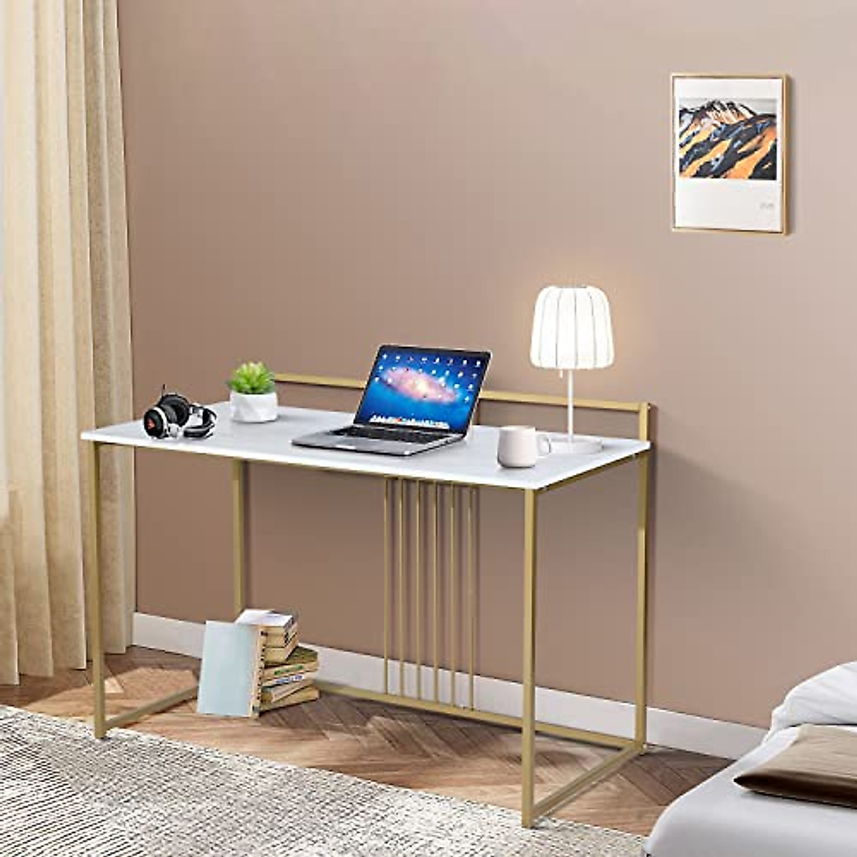 FurnitureR Computer Desk with Metal Frame 47.2 inches Home Office Writing Table Modern Design Work Space, White