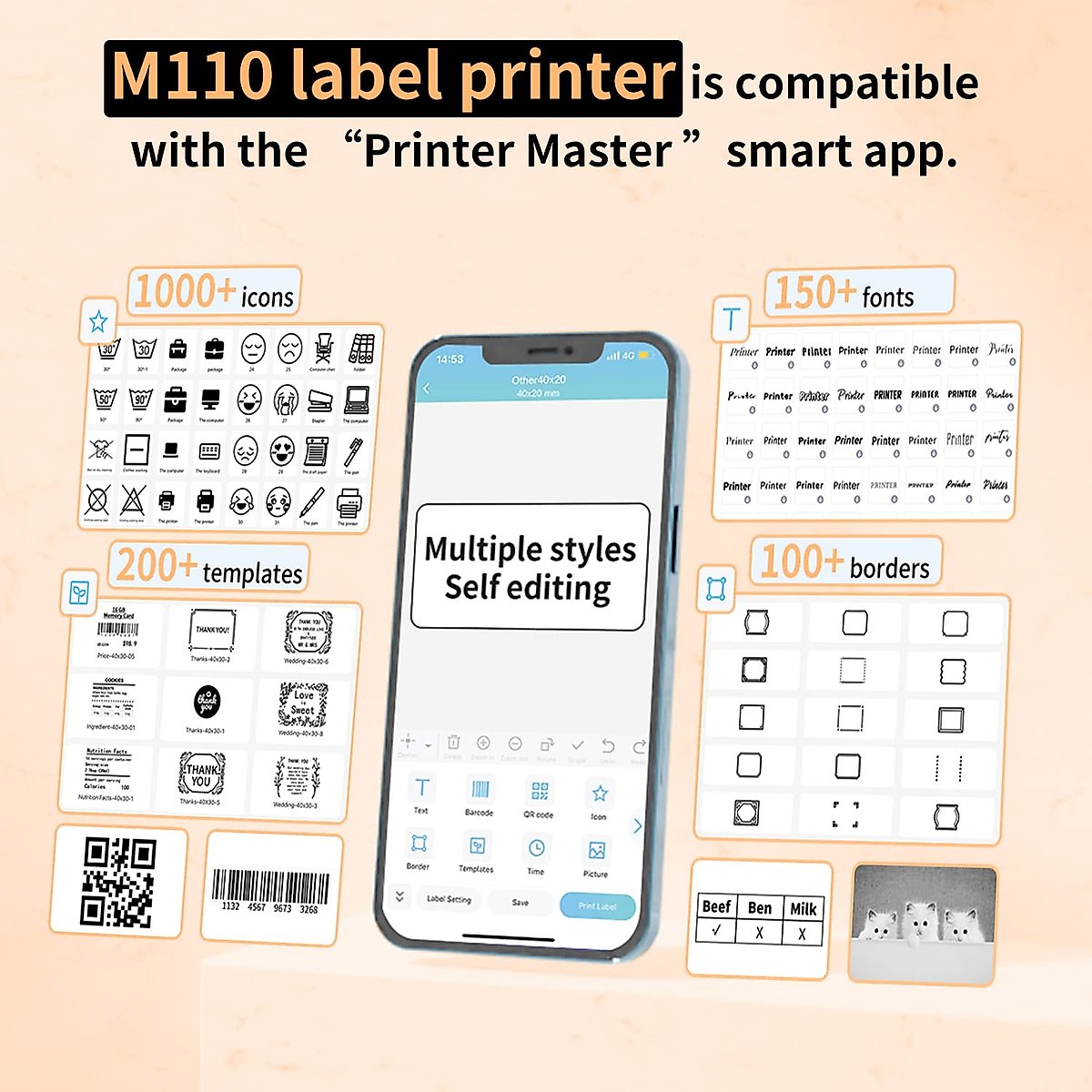 Label Maker Machine,Phomemo M110 Portable Bluetooth Label Printer for Storage, Shipping, Barcode, Mailing, Office, Home, Organizing, Sticker Maker Mini Label Maker with Multiple Templates