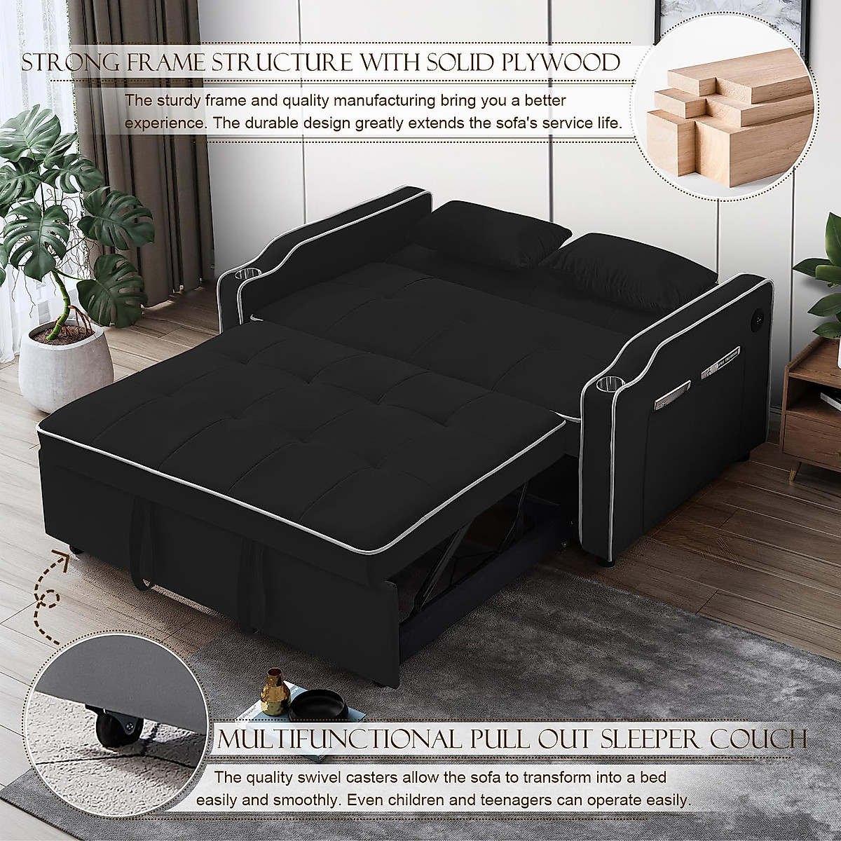 Velvet Pull Out Sleeper Sofa Bed with USB Ports, Convertible Futon Couch with Cup Holders and Pockets, 3 in 1 Modern Loveseat with Adjustable Backrest, Small Love Seat for Living Room, Office, Black