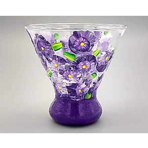 Purple Flower Hand Painted Martini Glass - Sparkly Purple, Pretty Flowers Stemless Cocktail Glass