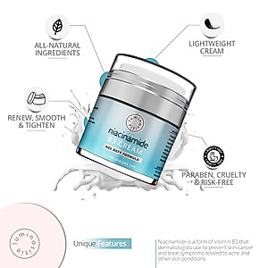 5% Niacinamide Vitamin B3 Cream Serum - Anti-Aging For Face & Neck. 1.7oz. Use Morning & Night. Firms & Renews Skin. Tightens Pores, Reduces Wrinkles, Fades Dark Spots & Boosts Collagen. Made in USA