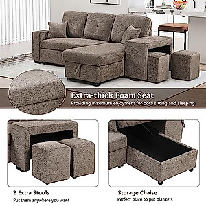 Reversible Sleeper Sectional Sofa Bed with Side Shelf and 2 Stools,Pull Out Couch Bed with Left/Right Hande, L-Shaped 3-Seater Couch for Living Room Apartment（Knox Charcoal）