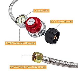 GASLAND High Pressure Propane Hose, 0-20 PSI 8 Ft Stainless Steel Braided Hose, Adjustable Propane Regulator with Hose, Type1 and 3/8 Female Flare Swivel Fitting, Propane Gas Grill Connectors