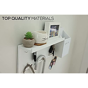 Mail & Key Organizer Wall Mount - With Key Hooks Mail Organizer Holder White Board and Photo Station. Organize and Sort Keys, Letters, and your Agenda with a Wood mounted hanging shelf (White)