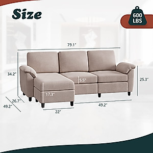 Vongrasig 79" Convertible Sectional Sofa Couch, 3 Seat L Shaped Sofa with Removable Pillows Linen Fabric Small Couch Mid Century for Living Room, Apartment and Office, Khaki
