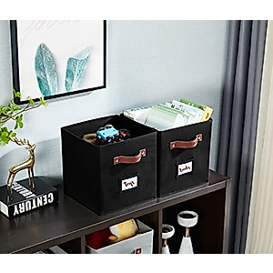 DECOMOMO Storage Cubes with Label Holders Collapsible Storage Bins for Shelves with Faux Leather Handles 11 Inch Cube Storage Bin for Organizers Shelves Closet Toys Clothes (11" / 6pcs, Black)