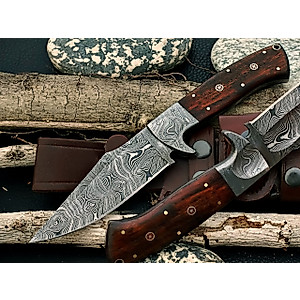 Damascus Steel Hunting Knife Fixed blade knife Damascus Bolster Walnut Wood Handle Mosaic Pin, Bush craft, Outdoor Camping, with Cowhide Leather Sheath – BW-4144