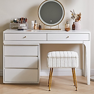 IBUYKE Stool Chair with Storage Space, Footrest Footstool Ottoman, Small Side Table, with 4 Metal Legs, with Anti-Slip Feet, for Makeup Room, Bedroom, White, Faux Fur LG-50W