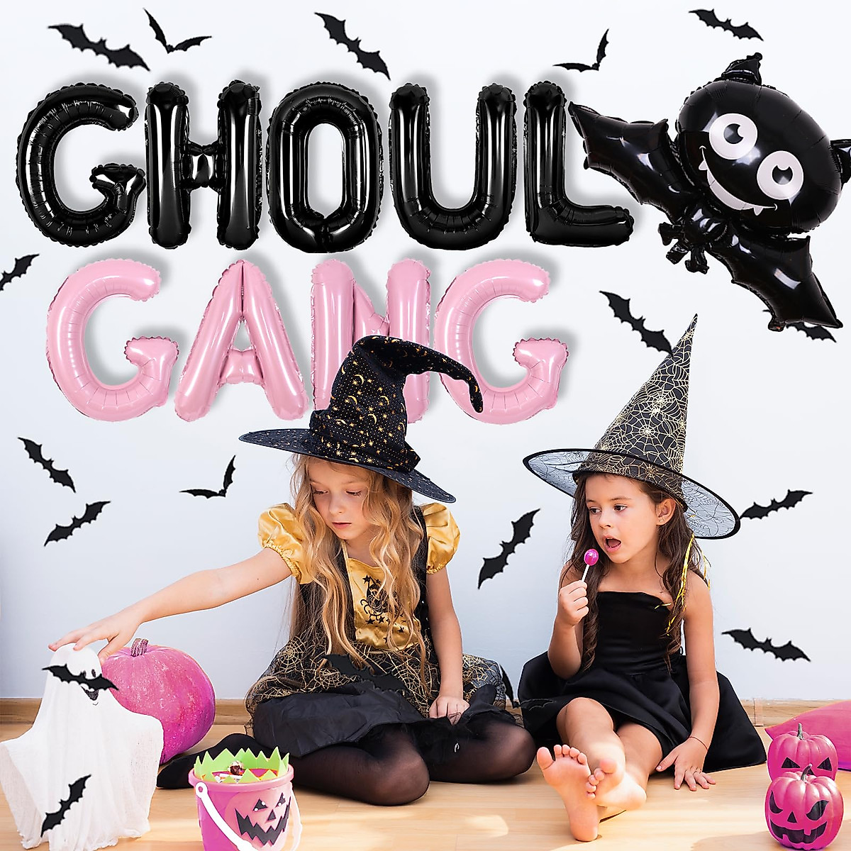 Wonmelody Halloween Ghoul Gang Birthday Party Decor for Girls Pink Black Halloween Theme Birthday Supplies Kids Halloween Party Decor with Ghoul Gang Banner Ghost and Bats for Bachelorette Party Girl