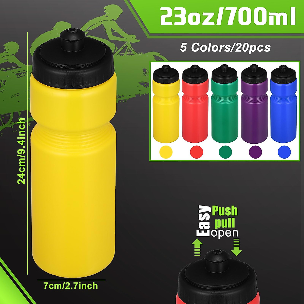 Sunnyray 20 Pcs Sports Water Bottle 23 oz Reusable Squeeze Water Bottles Blank Plastic Water Bottles with Leakproof Pull Top Cap for Kids Adults Sports Fitness Bike DIY, Dishwasher Safe, 5 Colors