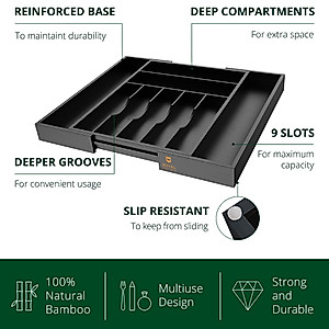 ROYAL CRAFT WOOD Luxury Bamboo Kitchen Drawer Organizer - Silverware Organizer - Utensil Holder and Cutlery Tray with Grooved Drawer Dividers for Flatware and Kitchen Utensils (9 Slot, Black)