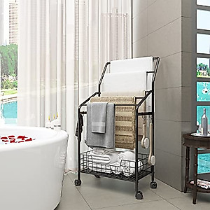 Zitaloken Towel Rack for Bathroom, Large Freestanding Blanket Holder with 5 Towel Bar, Floor Stand Towel Storage with Laundry Basket, Mobile Pool Towel Racks Outdoor, Black