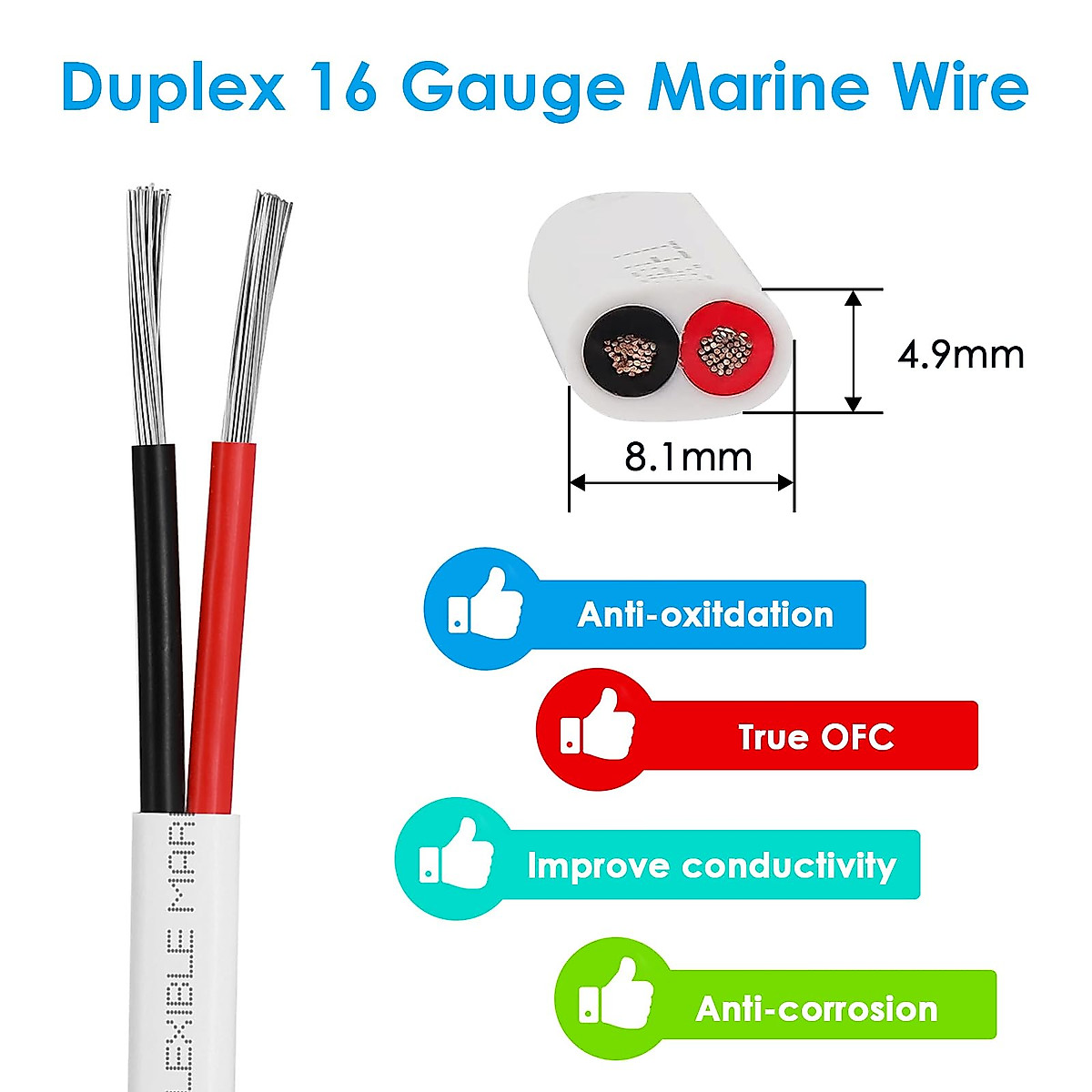 Kimbluth 16 Gauge Duplex Marine Wire Tinned Copper Boat Cable, 50ft 16 AWG Standard USA OFC Oxygen Free Copper Wire for Automotive Boat Speakers Solar Outdoors