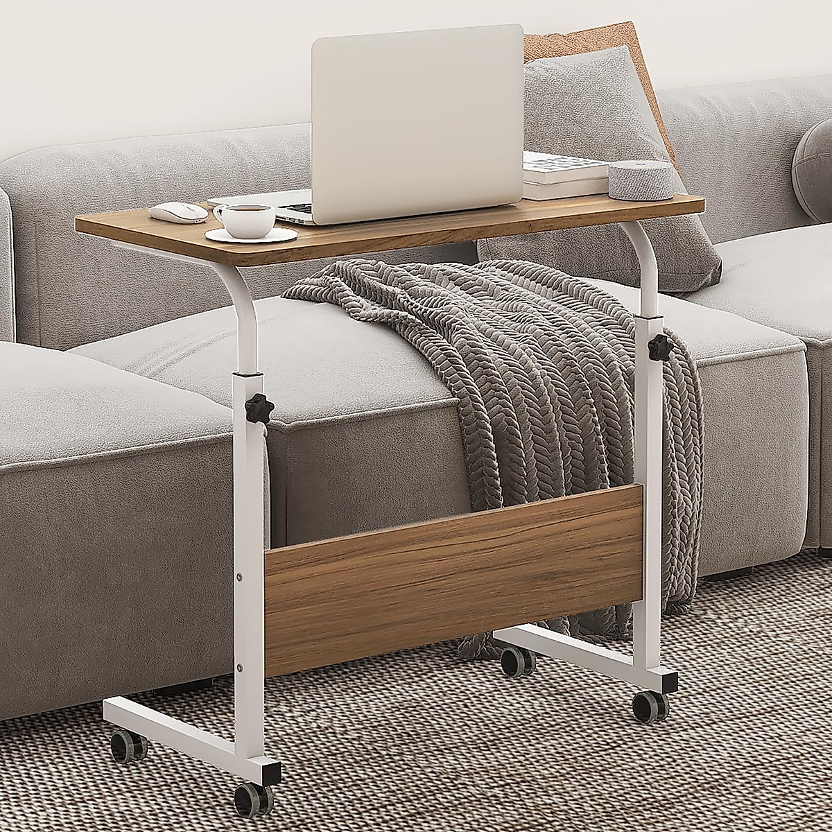 SogesHome 31.5inches Adjustable Mobile Bed Table Portable Laptop Computer Stand Desks with Rolling Wheels, Oak