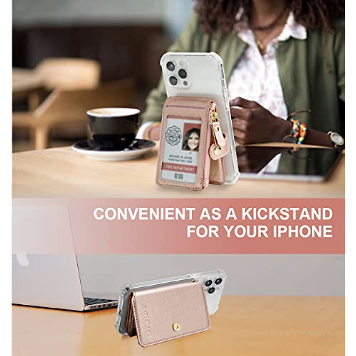 M-Plateau Phone Wallet, PU Leather Card Holder with Zipper Coin Pocket Compatible with iPhone 14 and iPhone Case for Women 3M Adhesive Phone Card Holder with Magnetic Closure(Pink)