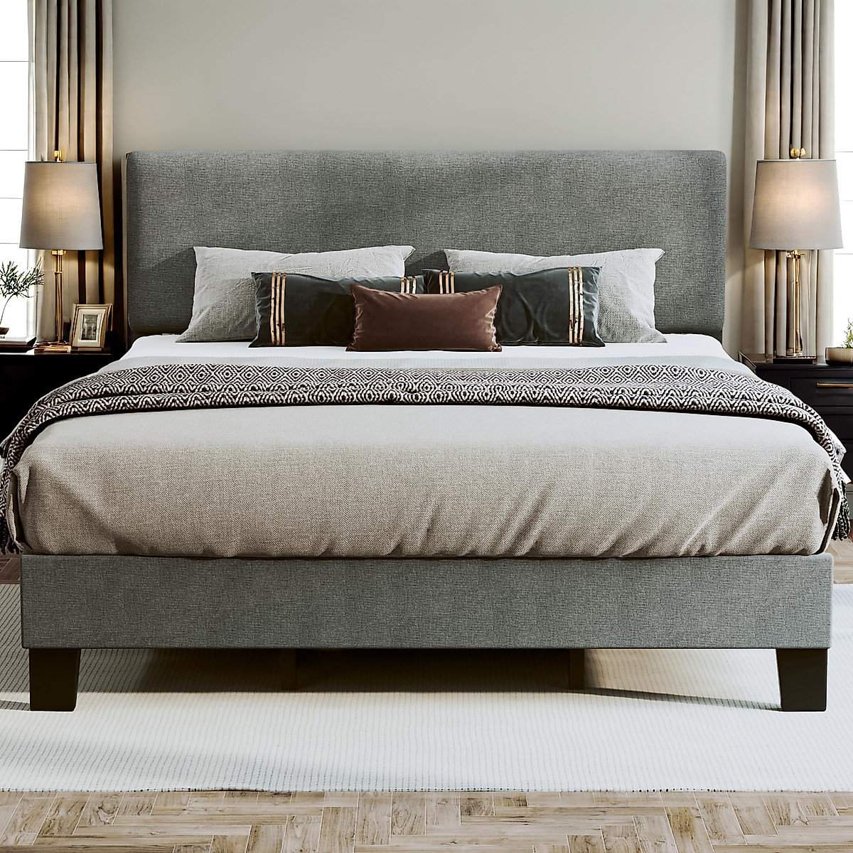 Fluest King Bed Frame with Adjustable Headboard Upholstered Bed Frame Platform Linen Fabric Headboard Wooden Slats Support/No Box Spring Needed/Easy Assembly/Mattress Foundation, Light Grey