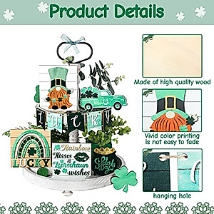 Glenmal 1 Set St. Patrick's Day Tiered Tray Decor Set Rustic Farmhouse Wood Sign Lucky Sign Shamrock Gnomes Wooden Tier Tray Decor Items for St. Patrick Irish Party