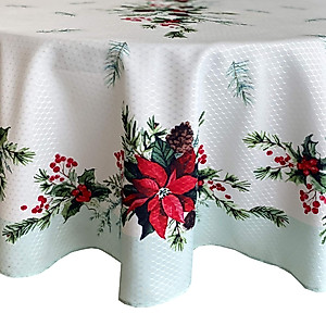 Lintex Holly Bough Stonewashed Border Traditional Christmas Tablecloth, Poinsettia and Holly Sprig Sage, Bordered Xmas Holiday Easy Care Fabric Tablecloth, 70 Inch Round