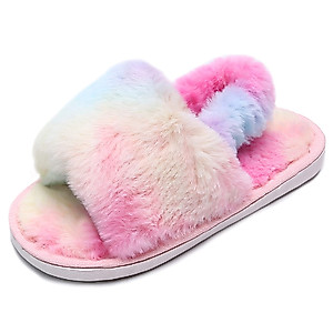 LightFun Fuzzy Fluffy Furry girls kids slippers cloud Fur Open Toe Slippers for kid House Home Indoor Outdoor(Colorful,1011)