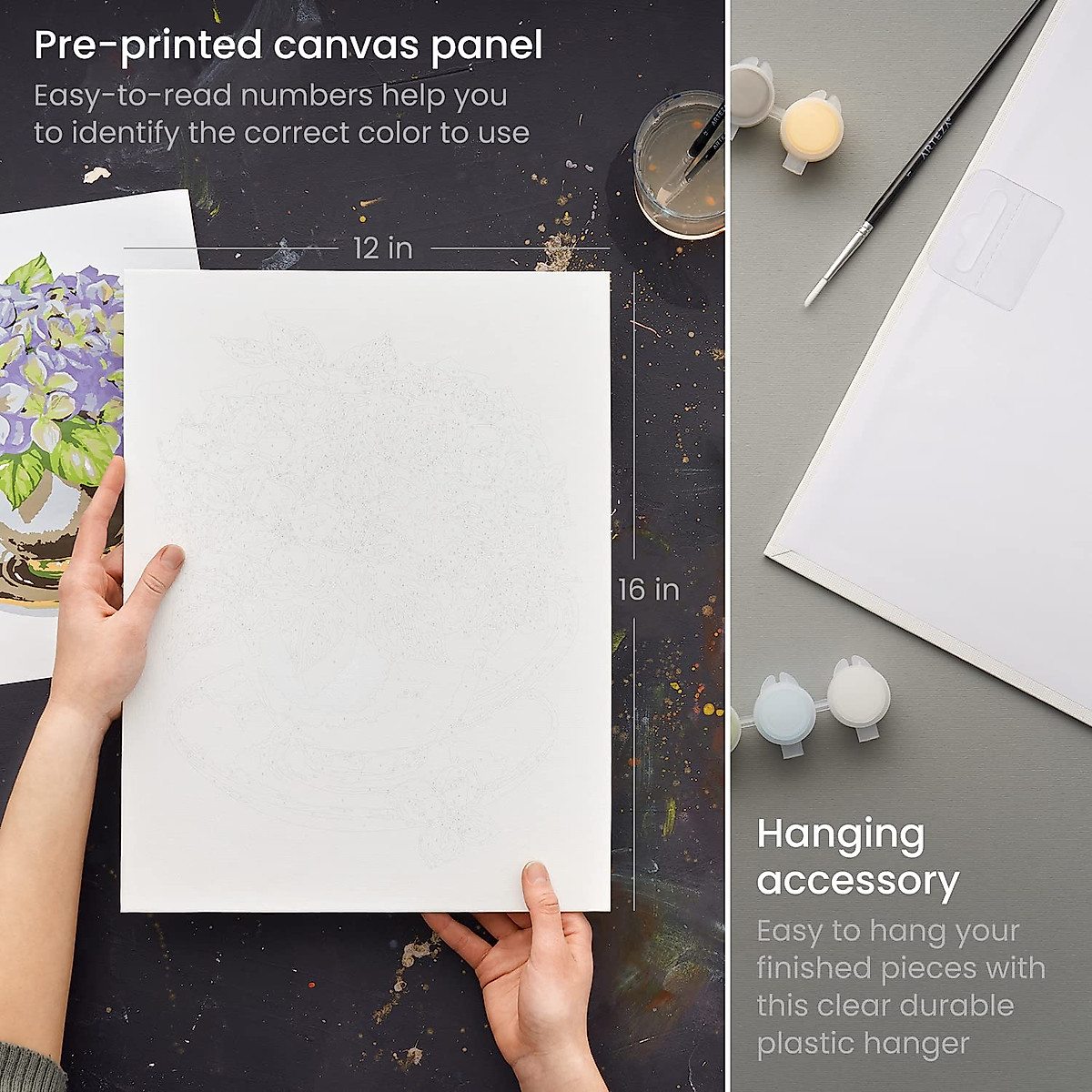 ARTEZA Paint by Number for Adults, 12x16 Inches, 21 Pieces, Hydrangea Flowers Paint by Numbers Kit, 1 Canvas Panel, 12 Acrylic Paint Pots, 5 Paintbrushes, Art Supplies for Home & Office Decor