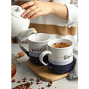 DOWAN Coffee Mugs, Large 20 oz Mugs Set of 2 with Word Blessed Grateful, Porcelain Christian Coffee Cup, Thank You Gifts for Men Women All, Blue White