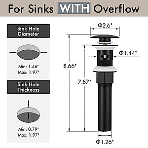 KES Bathroom Sink Drain with Strainer Basket Hair Catcher Anti Clog Pop Up Drain Stopper Vanity Vessel Sink with Overflow, Matte Black S2013A-BK