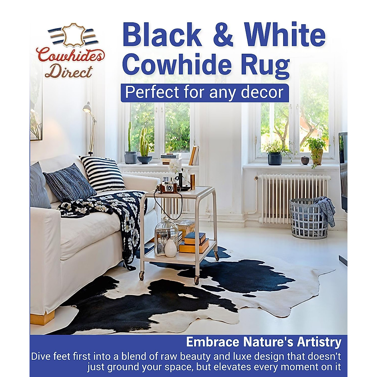 Cowhides Direct Genuine Cowhide Rug - Black & White Rug for Living Room, Bedroom & More - Authentic Cow Rug (6’x7’ Black & White)