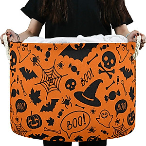 visesunny Storage Basket Halloween Orange Festive with Pumpkin Skull Bat SpiderNursery Hamper Canvas Fabric Toy Storage Organizer Bin Storage Box Laundry Basket for Kid Room,Playroom