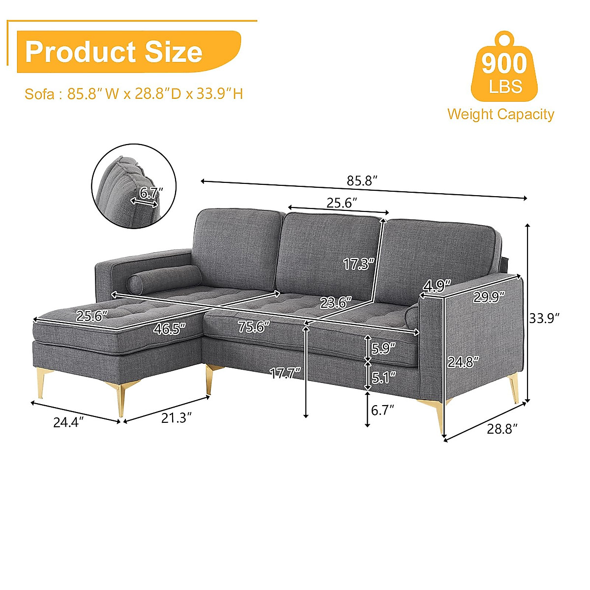 Karl home L-Shape Sectional Sofa Linen Fabric Sofa Couch Living Room Futon Couch with Reversible Chaise, Lattice Decored Seat Cushion, Dark Gray