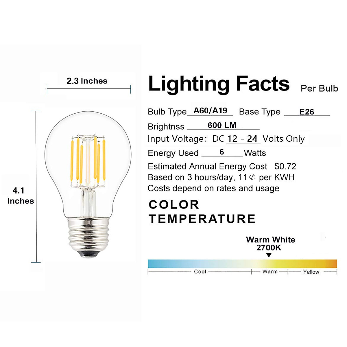 OPALRAY DC 12V-24V Low Voltage Input LED Bulb, Classic A19(A60) Style, 6W 600Lm, Dimmable with 12V PWM DC Dimmer, E26 Medium Base Lamp, Warm White Light, 60W Incandescent Equivalent, 12V Power, 2 Pack