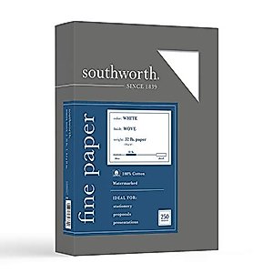 Southworth 100% Cotton Business Paper, 8.5” x 11", 32 lb/120 gsm, Wove Finish, White, 250 Sheets - Packaging May Vary (JD18C)