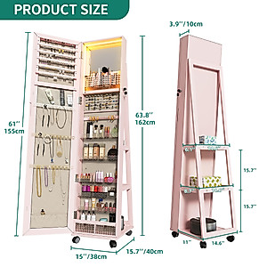 YITAHOME Mirror Jewelry Cabinet with Lights Standing Jewelry Armoire Storage Rotatable Full Length Mirror Jewelry Organizer Lockable Jewelry Armoire with Wheels for Bedroom, Cloakroom, Pink